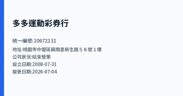 多多運動彩券行的照片-統編 10672131(桃園市) 公司登記資料與營業項目詳細圖表