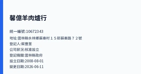 馨億羊肉爐行的照片-統編 10672343(雲林縣) 公司登記資料與營業項目詳細圖表