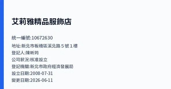 艾莉雅精品服飾店的照片-統編 10672630(新北市) 公司登記資料與營業項目詳細圖表