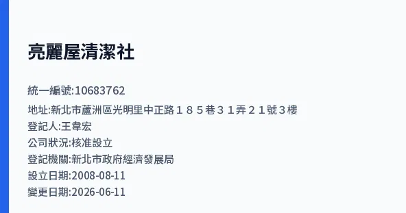 亮麗屋清潔社的照片-統編 10683762(新北市) 公司登記資料與營業項目詳細圖表