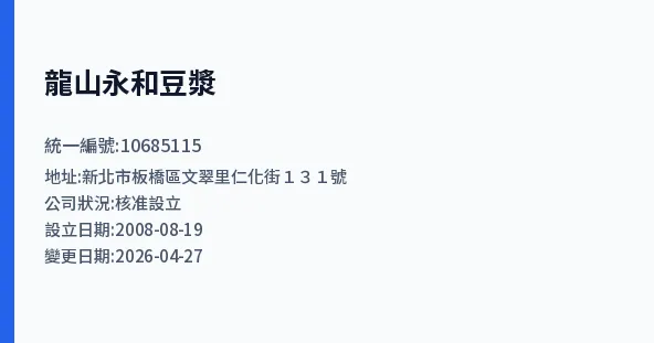 龍山永和豆漿的照片-統編 10685115(新北市) 公司登記資料與營業項目詳細圖表