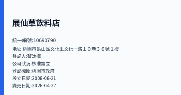 展仙草飲料店的照片-統編 10690790(桃園市) 公司登記資料與營業項目詳細圖表