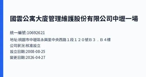 國雲公寓大廈管理維護股份有限公司中壢一場的照片-統編 10692621(桃園市) 公司登記資料與營業項目詳細圖表