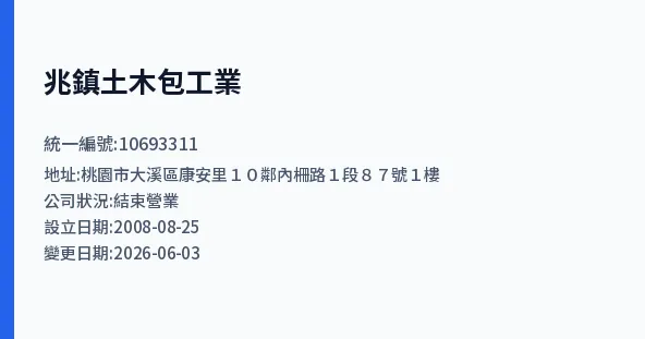 兆鎮土木包工業的照片-統編 10693311(桃園市) 公司登記資料與營業項目詳細圖表