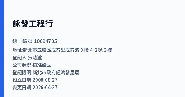 詠發工程行的照片-統編 10694705(新北市) 公司登記資料與營業項目詳細圖表