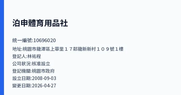泊申體育用品社的照片-統編 10696020(桃園市) 公司登記資料與營業項目詳細圖表