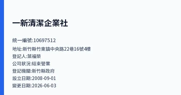 一新清潔企業社的照片-統編 10697512(新竹縣) 公司登記資料與營業項目詳細圖表
