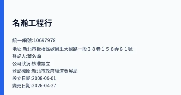 名瀚工程行的照片-統編 10697978(新北市) 公司登記資料與營業項目詳細圖表
