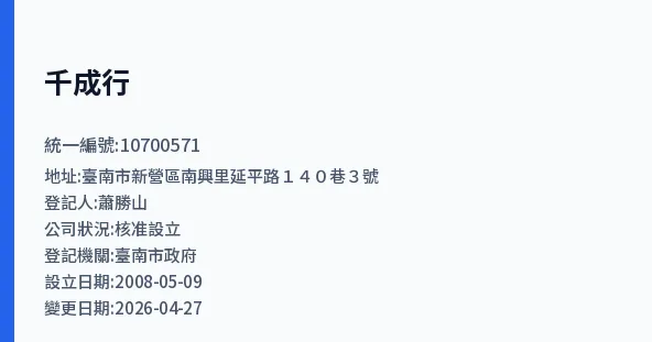 千成行的照片-統編 10700571(臺南市) 公司登記資料與營業項目詳細圖表