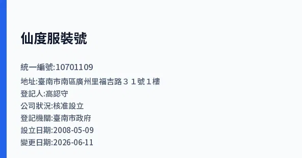 仙度服裝號的照片-統編 10701109(臺南市) 公司登記資料與營業項目詳細圖表