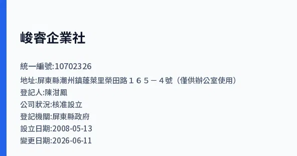 峻睿企業社的照片-統編 10702326(屏東縣) 公司登記資料與營業項目詳細圖表