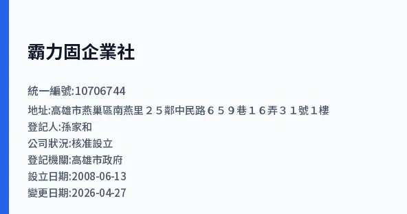 霸力固企業社的照片-統編 10706744(高雄市) 公司登記資料與營業項目詳細圖表