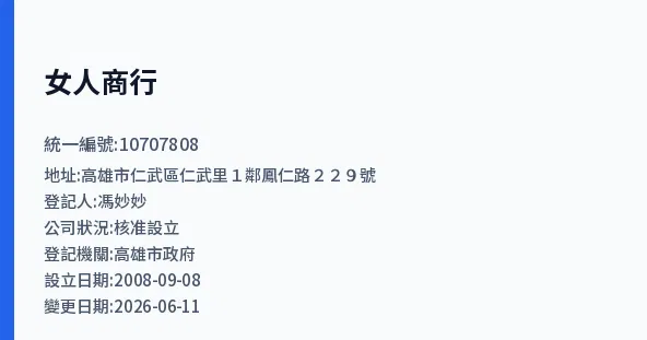 女人商行的照片-統編 10707808(高雄市) 公司登記資料與營業項目詳細圖表