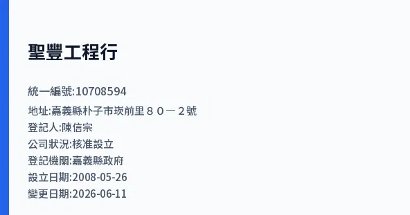 聖豐工程行的照片-統編 10708594(嘉義縣) 公司登記資料與營業項目詳細圖表