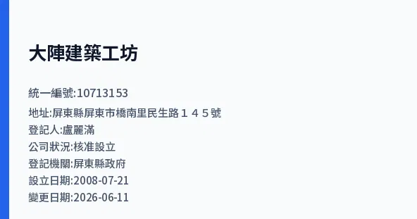 大陣建築工坊的照片-統編 10713153(屏東縣) 公司登記資料與營業項目詳細圖表