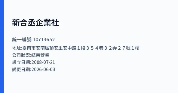 新合丞企業社的照片-統編 10713652(臺南市) 公司登記資料與營業項目詳細圖表