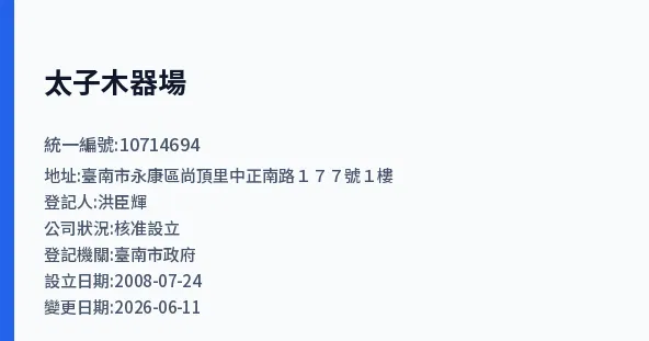 太子木器場的照片-統編 10714694(臺南市) 公司登記資料與營業項目詳細圖表