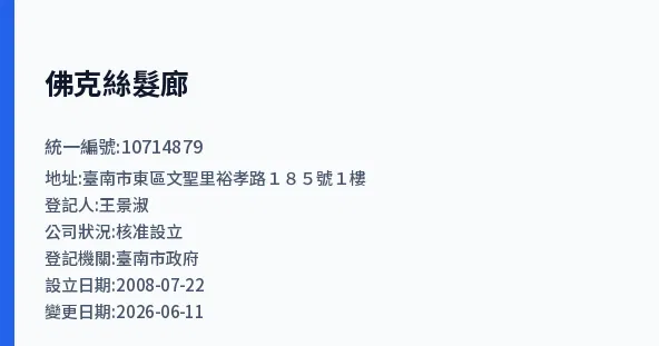 佛克絲髮廊的照片-統編 10714879(臺南市) 公司登記資料與營業項目詳細圖表