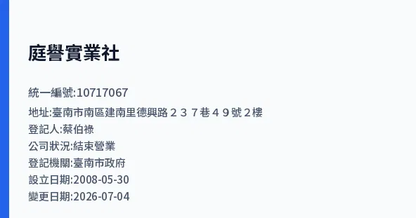 庭譽實業社的照片-統編 10717067(臺南市) 公司登記資料與營業項目詳細圖表