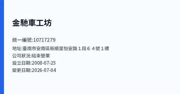 金馳車工坊的照片-統編 10717279(臺南市) 公司登記資料與營業項目詳細圖表