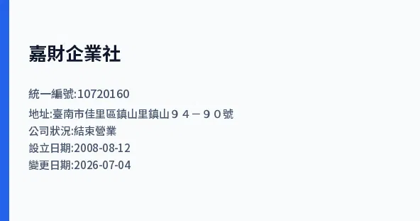 嘉財企業社的照片-統編 10720160(臺南市) 公司登記資料與營業項目詳細圖表