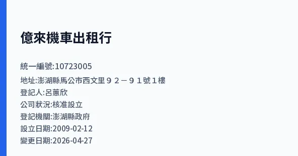 億來機車出租行的照片-統編 10723005(澎湖縣) 公司登記資料與營業項目詳細圖表