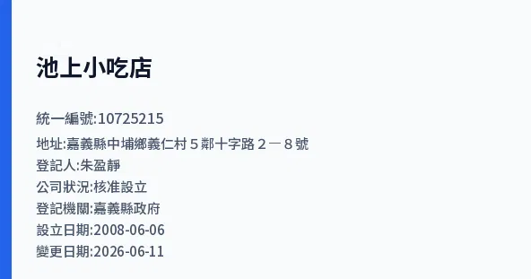 池上小吃店的照片-統編 10725215(嘉義縣) 公司登記資料與營業項目詳細圖表