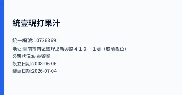 統壹現打果汁的照片-統編 10726869(臺南市) 公司登記資料與營業項目詳細圖表