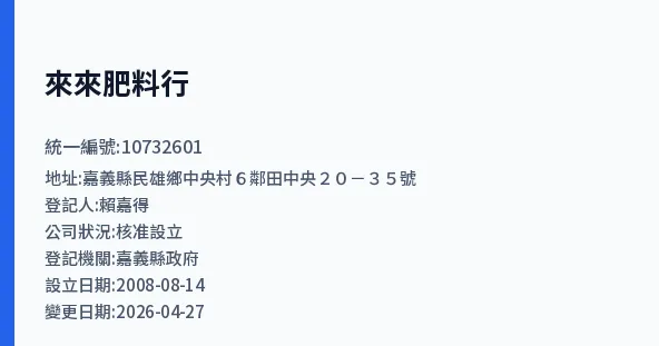 來來肥料行的照片-統編 10732601(嘉義縣) 公司登記資料與營業項目詳細圖表