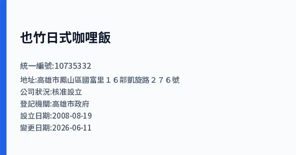也竹日式咖哩飯的照片-統編 10735332(高雄市) 公司登記資料與營業項目詳細圖表