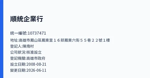 順統企業行的照片-統編 10737471(高雄市) 公司登記資料與營業項目詳細圖表