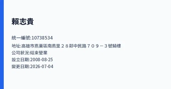 賴志貴的照片-統編 10738534(高雄市) 公司登記資料與營業項目詳細圖表