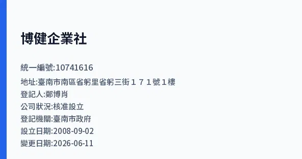 博健企業社的照片-統編 10741616(臺南市) 公司登記資料與營業項目詳細圖表