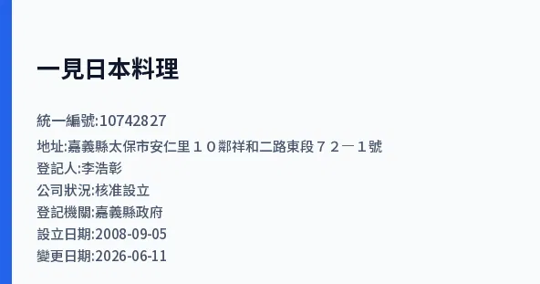 一見日本料理的照片-統編 10742827(嘉義縣) 公司登記資料與營業項目詳細圖表