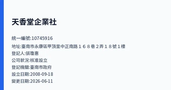 天香堂企業社的照片-統編 10745916(臺南市) 公司登記資料與營業項目詳細圖表