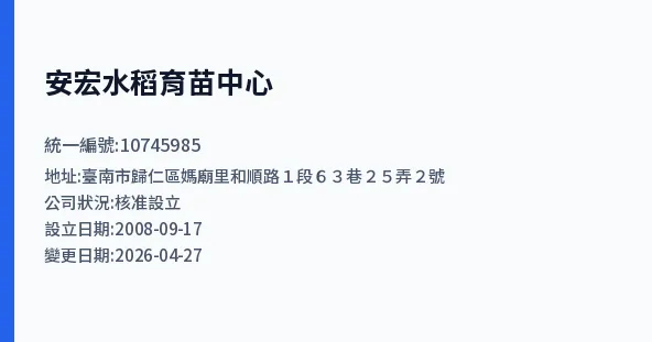 安宏水稻育苗中心的照片-統編 10745985(臺南市) 公司登記資料與營業項目詳細圖表