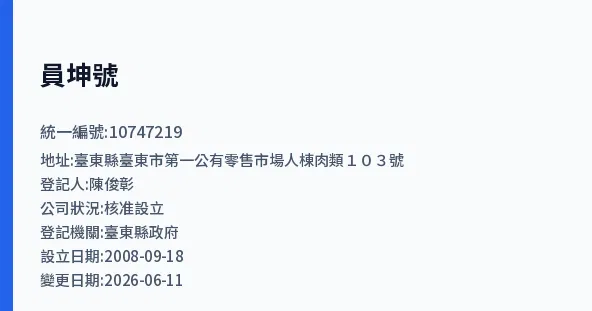 員坤號的照片-統編 10747219(臺東縣) 公司登記資料與營業項目詳細圖表