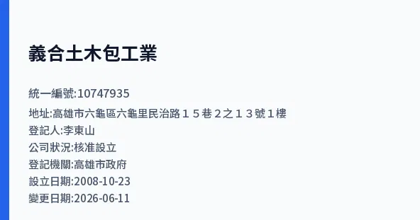 義合土木包工業的照片-統編 10747935(高雄市) 公司登記資料與營業項目詳細圖表