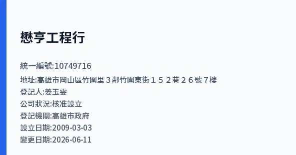 懋亨工程行的照片-統編 10749716(高雄市) 公司登記資料與營業項目詳細圖表