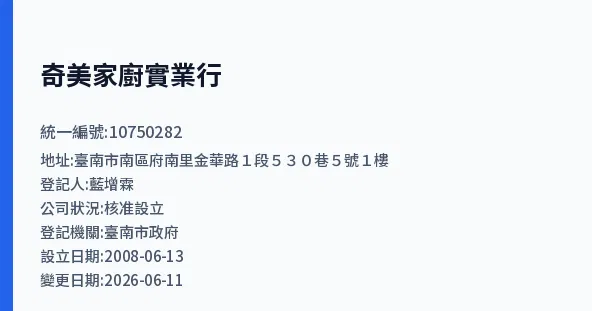 奇美家廚實業行的照片-統編 10750282(臺南市) 公司登記資料與營業項目詳細圖表