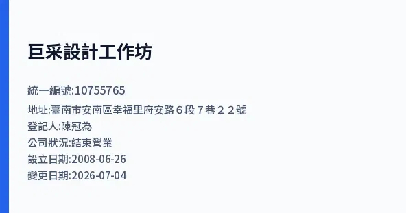 巨采設計工作坊的照片-統編 10755765(臺南市) 公司登記資料與營業項目詳細圖表