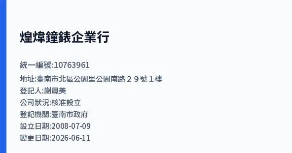 煌煒鐘錶企業行的照片-統編 10763961(臺南市) 公司登記資料與營業項目詳細圖表