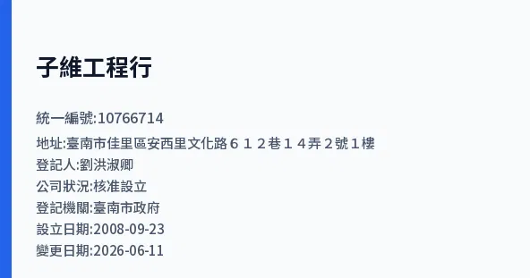 子維工程行的照片-統編 10766714(臺南市) 公司登記資料與營業項目詳細圖表