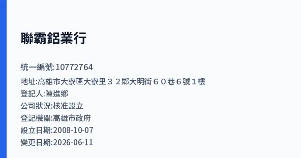 聯霸鋁業行的照片-統編 10772764(高雄市) 公司登記資料與營業項目詳細圖表