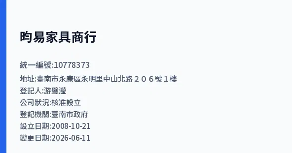 昀易家具商行的照片-統編 10778373(臺南市) 公司登記資料與營業項目詳細圖表