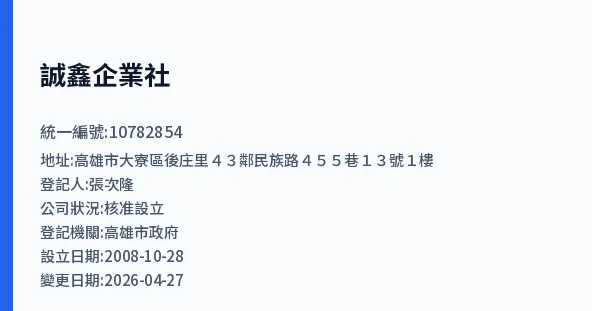 誠鑫企業社的照片-統編 10782854(高雄市) 公司登記資料與營業項目詳細圖表