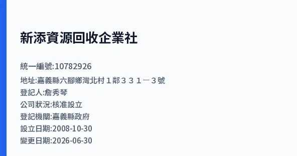 新添資源回收企業社的照片-統編 10782926(嘉義縣) 公司登記資料與營業項目詳細圖表