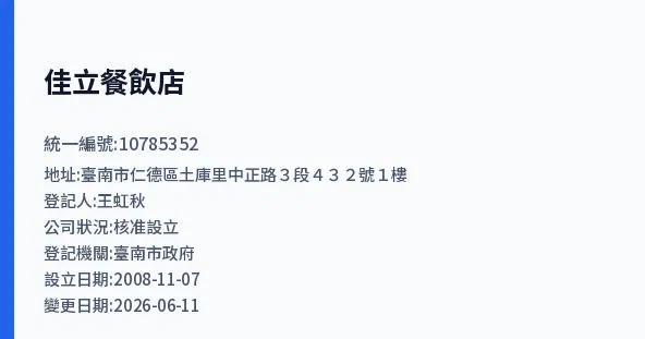 佳立餐飲店的照片-統編 10785352(臺南市) 公司登記資料與營業項目詳細圖表