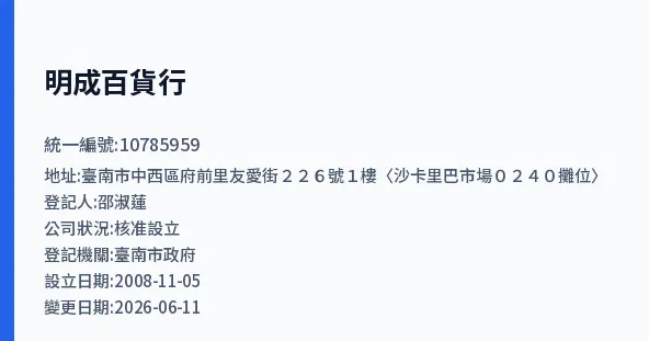 明成百貨行的照片-統編 10785959(臺南市) 公司登記資料與營業項目詳細圖表