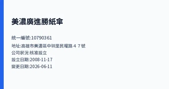 美濃廣進勝紙傘的照片-統編 10790361(高雄市) 公司登記資料與營業項目詳細圖表